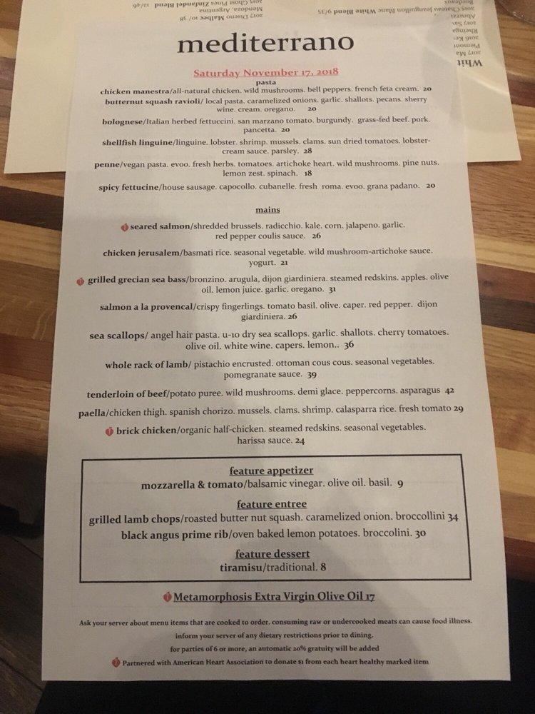 Menu at Mediterrano restaurant, Ann Arbor, S State St