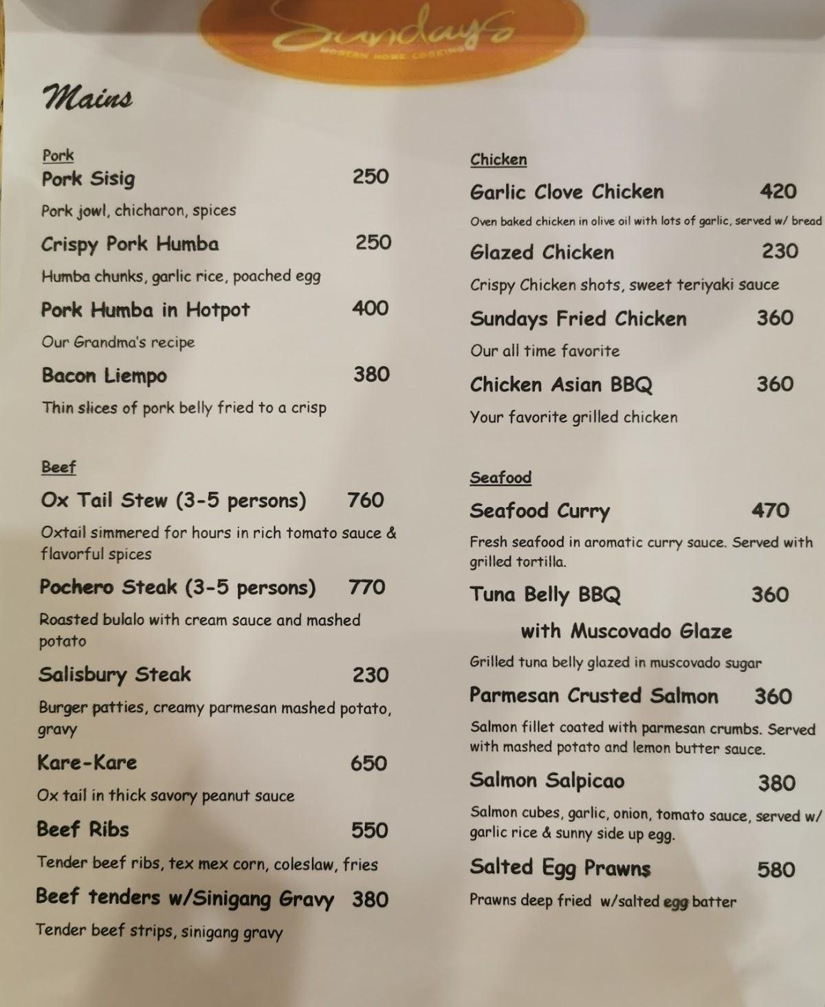 Menu at Sundays Modern Home Cooking restaurant, Davao City