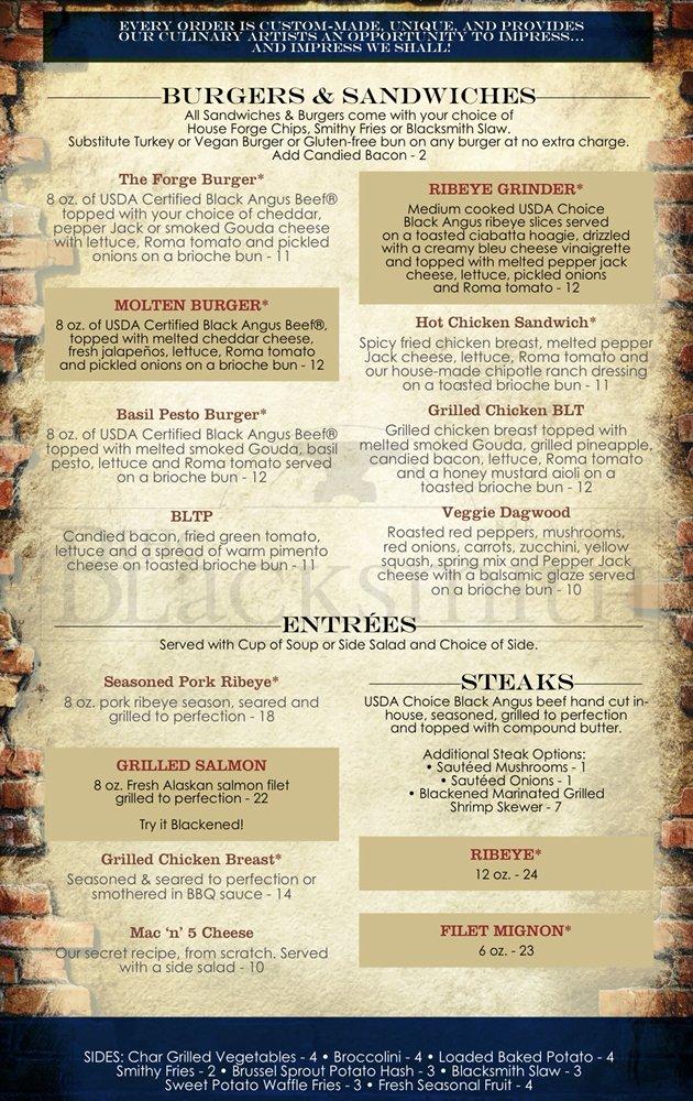 Menu at The Blacksmith Restaurant, Jackson