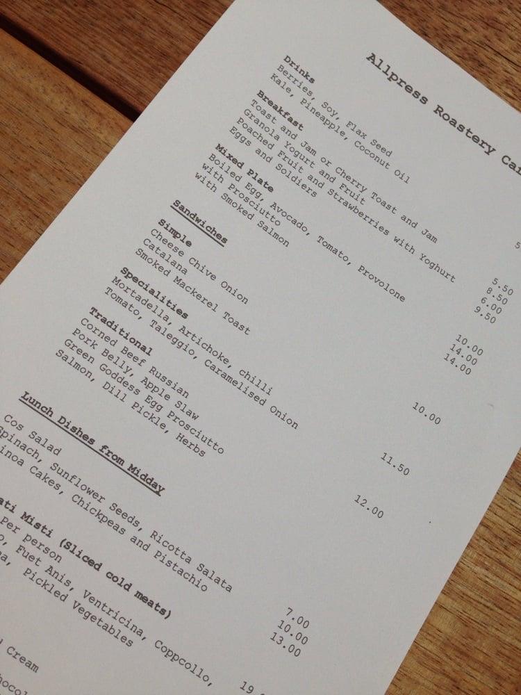 Menu at Allpress Espresso cafe, Collingwood