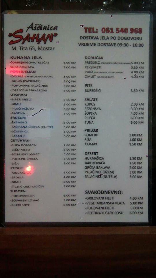 Menu at Aščinica Sahan restaurant, Mostar, Maršala Tita