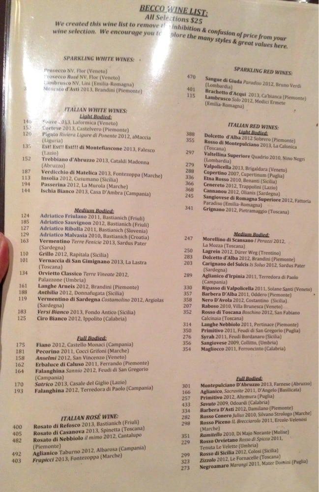 Menu at Becco restaurant, West New York
