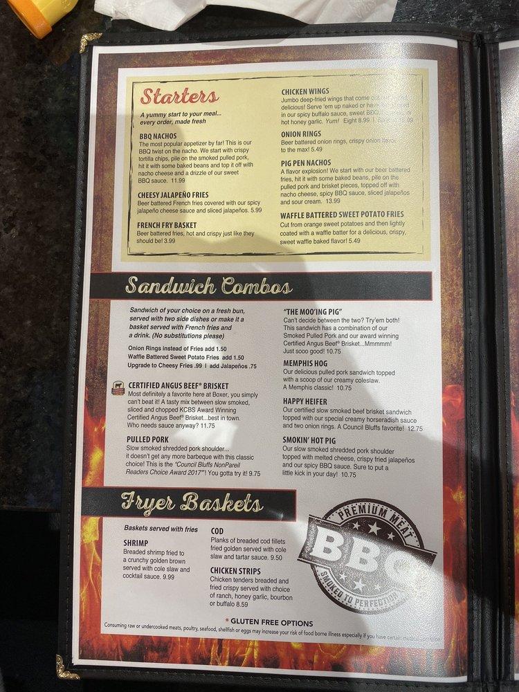 Menu at Boxer Barbeque, Council Bluffs, 513 S Main St