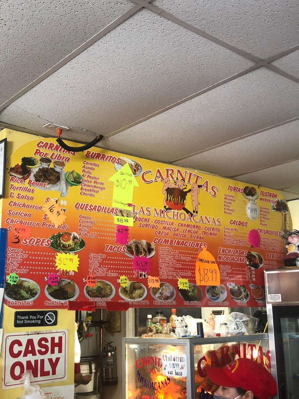 Menu at Carnitas Las Michoacanas restaurant, San Diego, University Ave