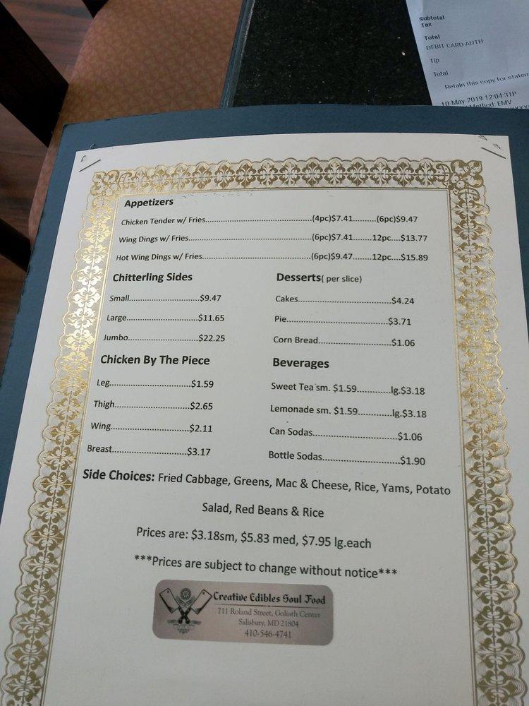 Menu at Creative Edibles restaurant, Salisbury