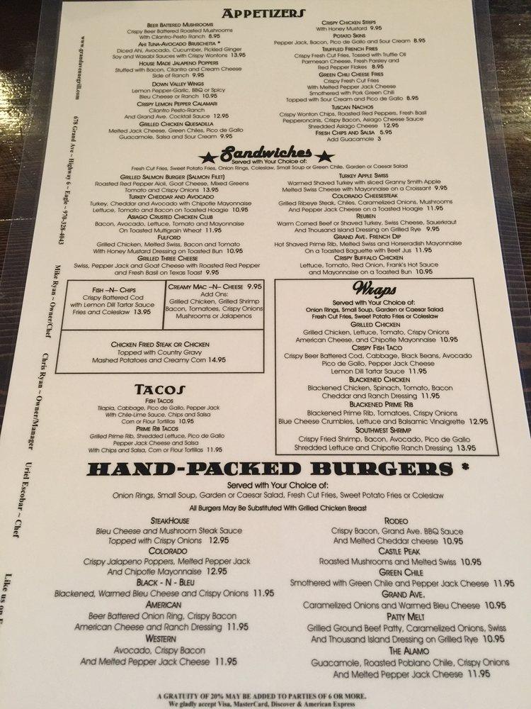 Carta del restaurante Grand Ave Grill, Eagle