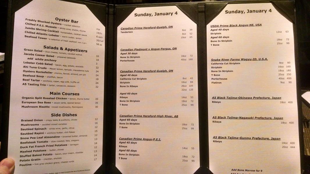 Menu at Jacobs & Co. Steakhouse, Toronto, 12 Brant St