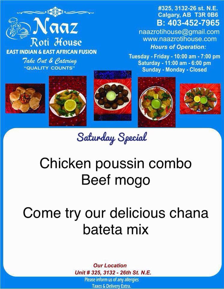 Menu at Naaz Roti House restaurant, Calgary