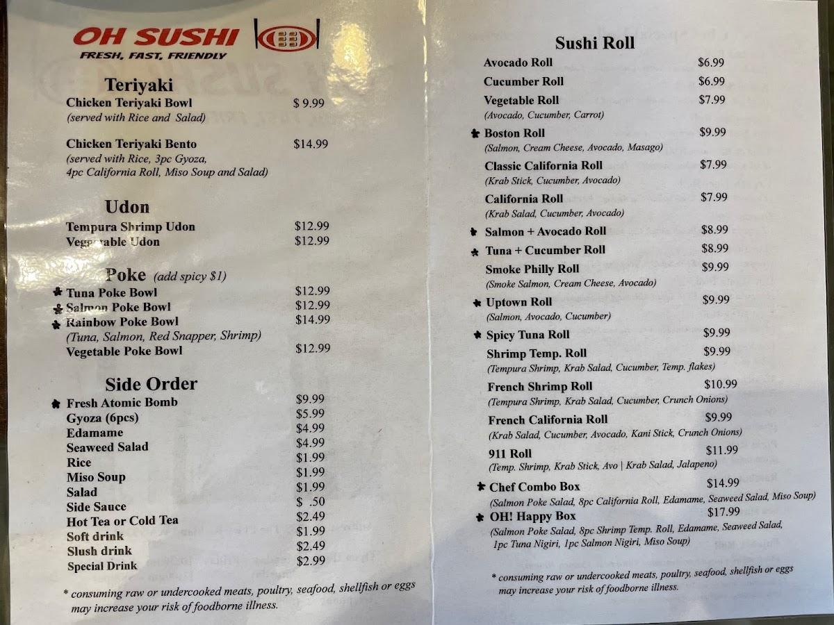 Menu at OhSushi restaurant, Richland