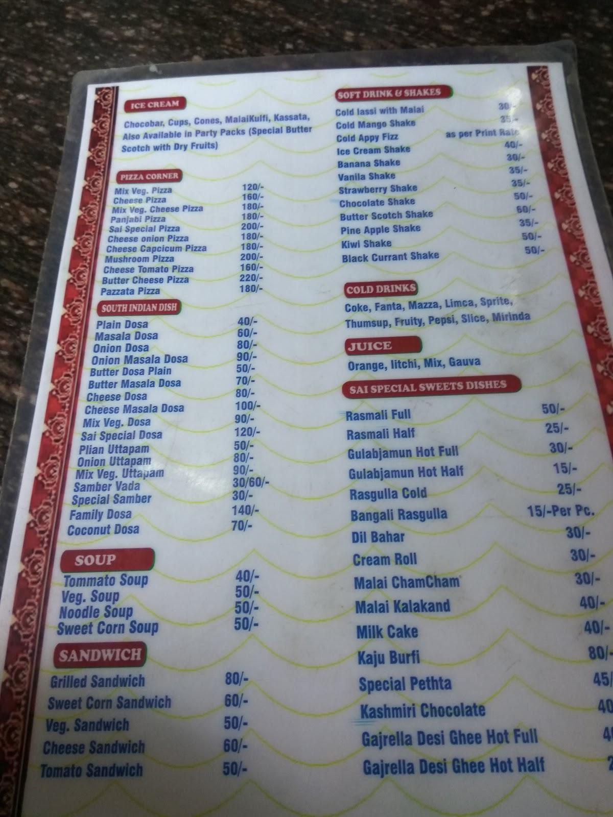Menu at Sai sweets, Hamirpur, Lower market