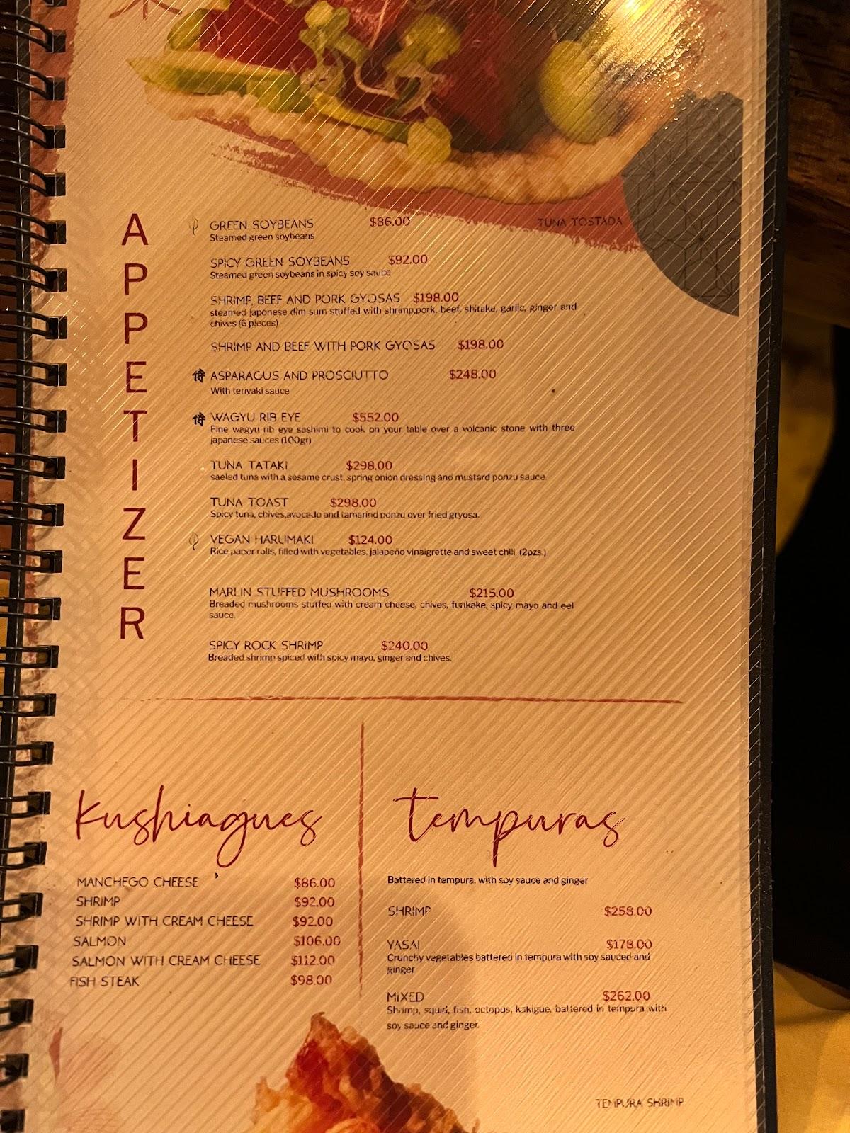 Menu at Samura Isla Mujeres restaurant, Isla Mujeres