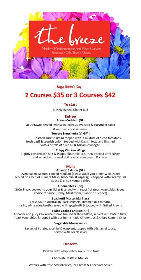 Menu at The Breeze restaurant, Bellambi, Rothery St
