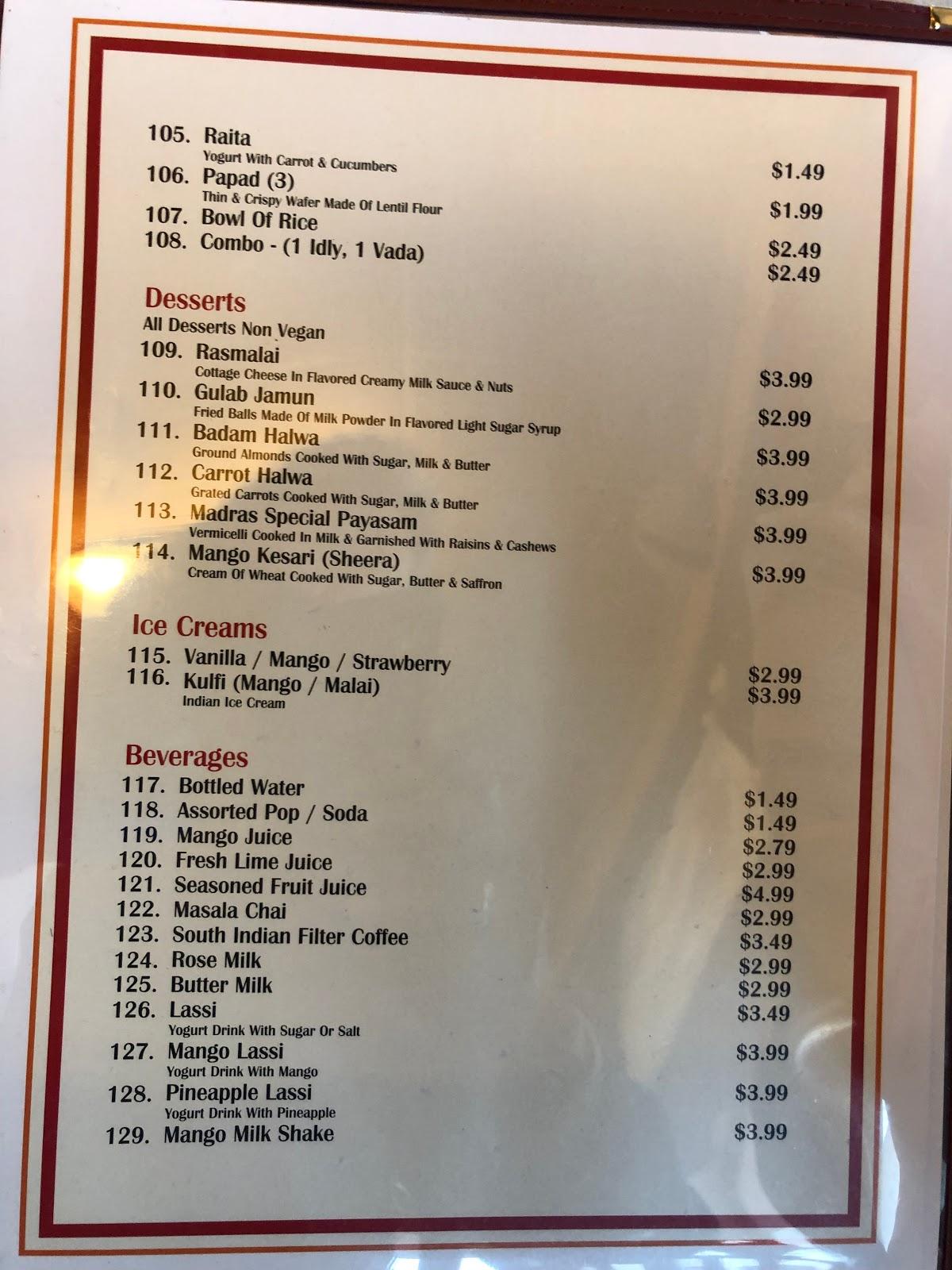 Menu at Udupi Palace Restaurant, Surrey