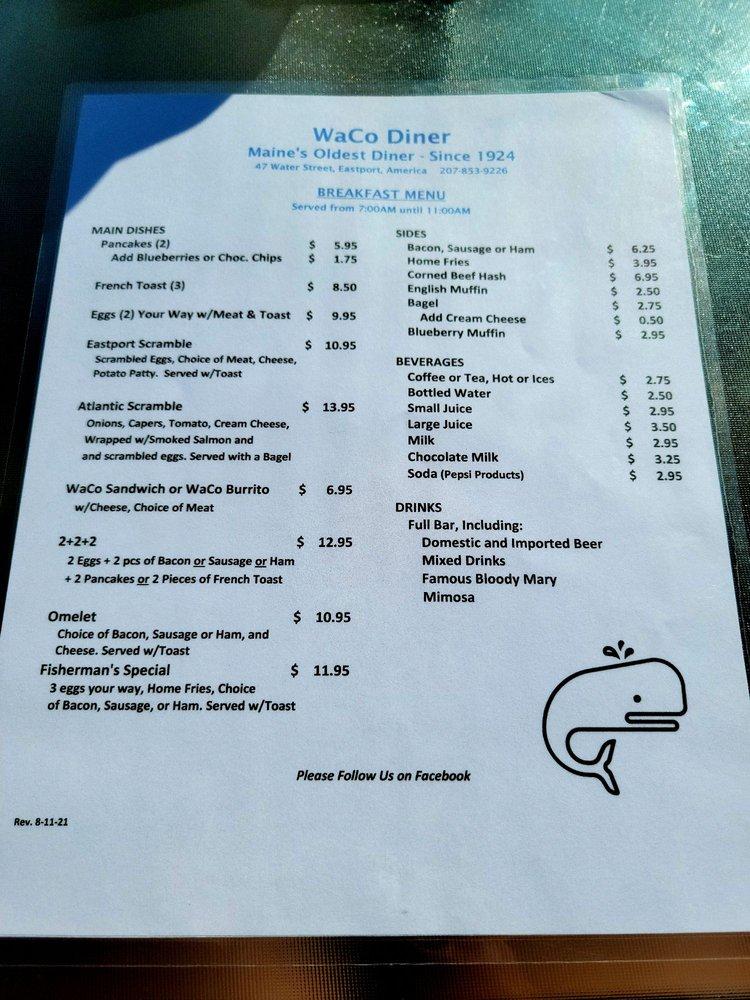 Menu at WaCo Diner restaurant, Eastport