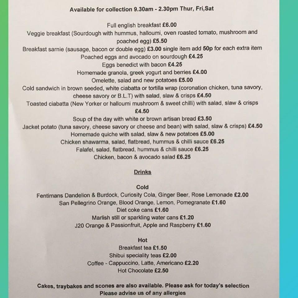 Menu at Knights by the Burn coffee house, Newcastle upon Tyne