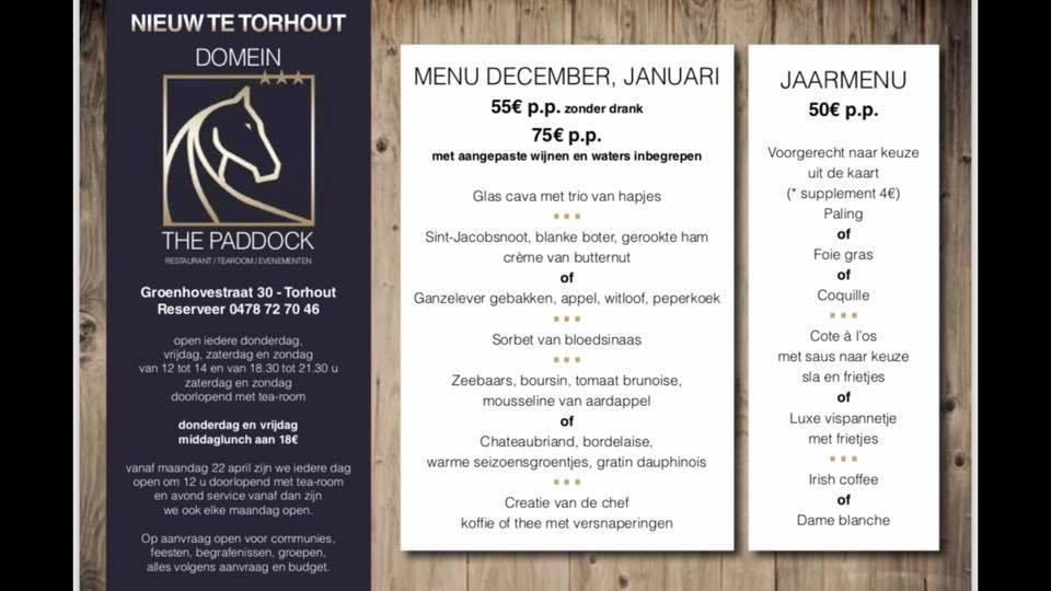Menu at The Paddock, Torhout