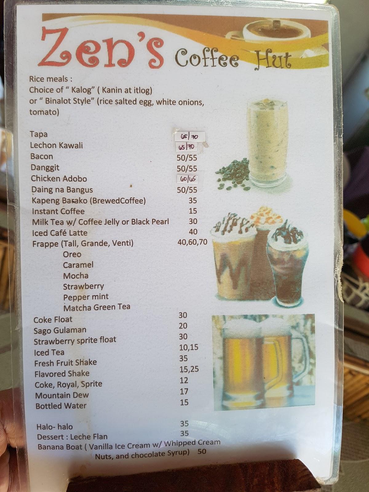 Menu at Zen's Coffee Hut restaurant, Calatagan