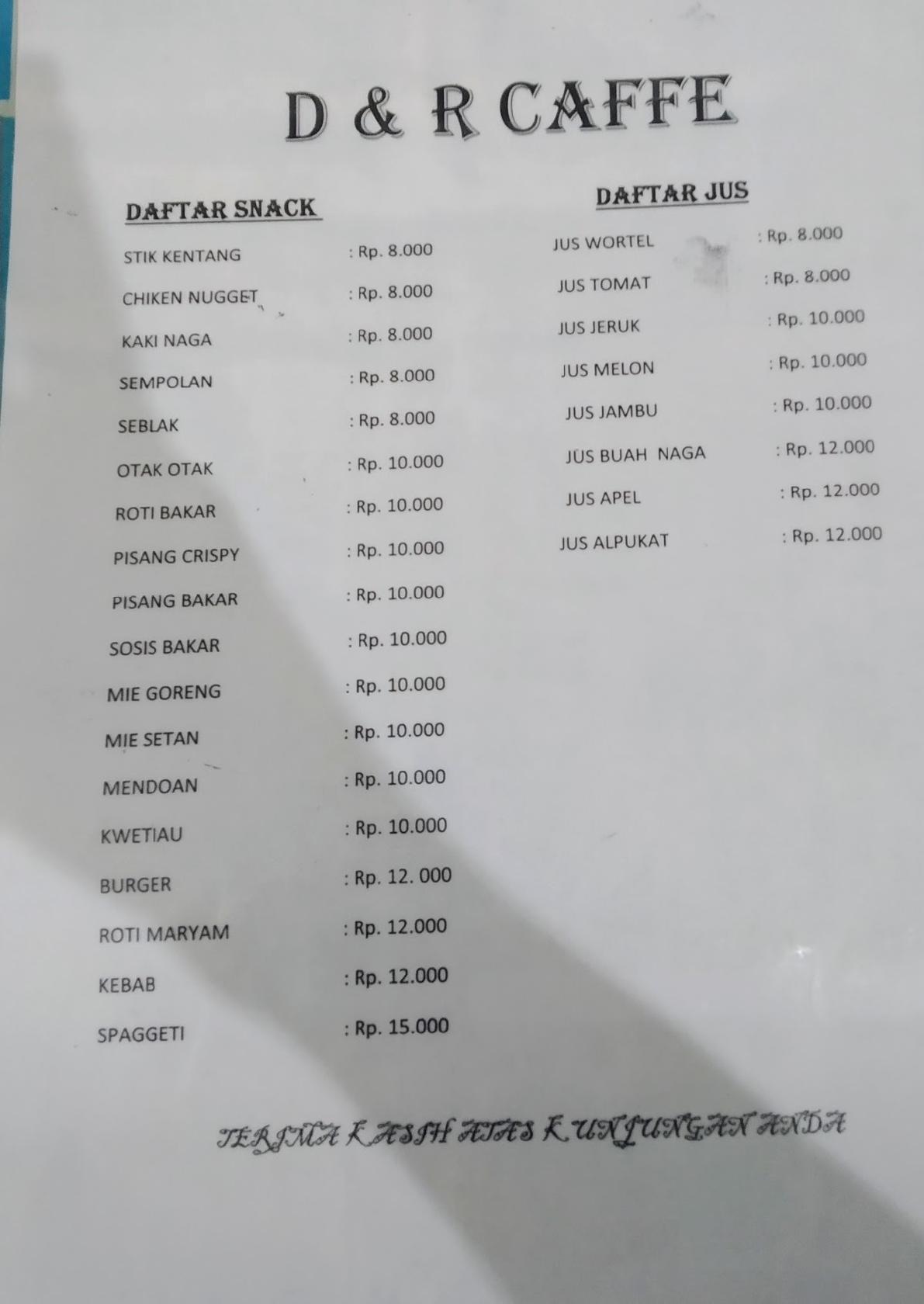 Menu at D & R caffe cafe, Slawi