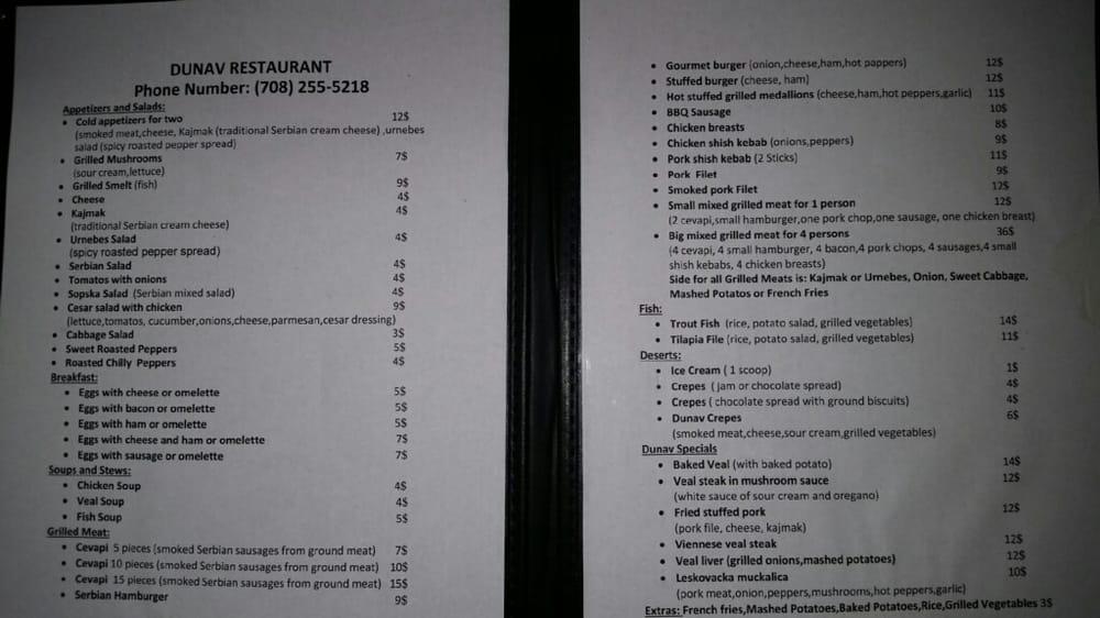 Menu at Dunav Restaurant, Brookfield