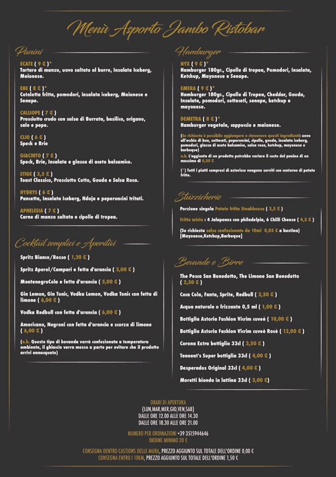 Menu at Jambo Bar, Castions delle Mura