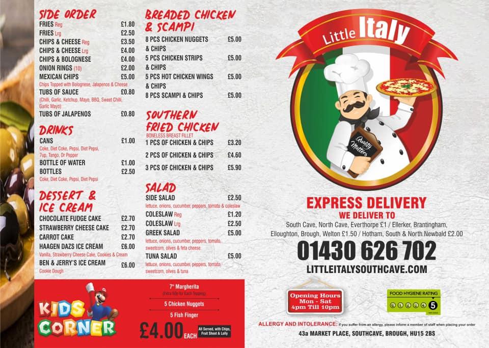 Menu at Little Italy, Brough