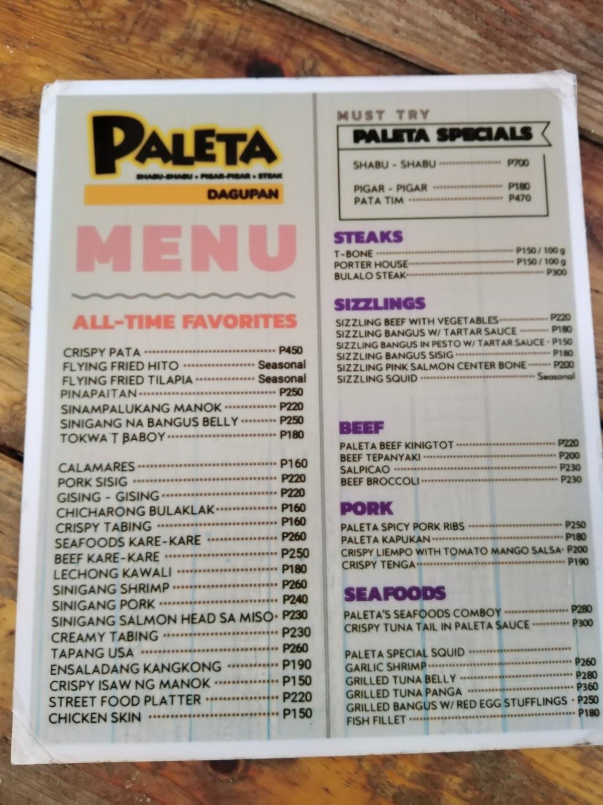 Menu at Paleta Dagupan restaurant, Dagupan