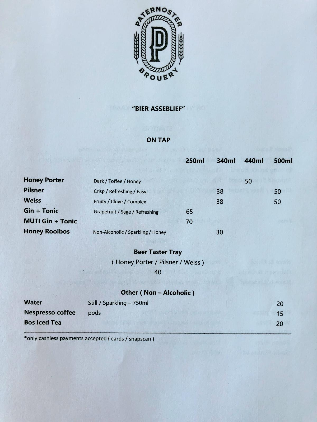 Menu at Paternoster Brewery restaurant, Paternoster