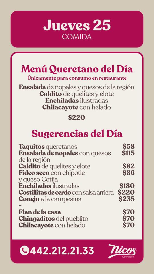 Carta de Restaurante Nicos, Santiago de Querétaro