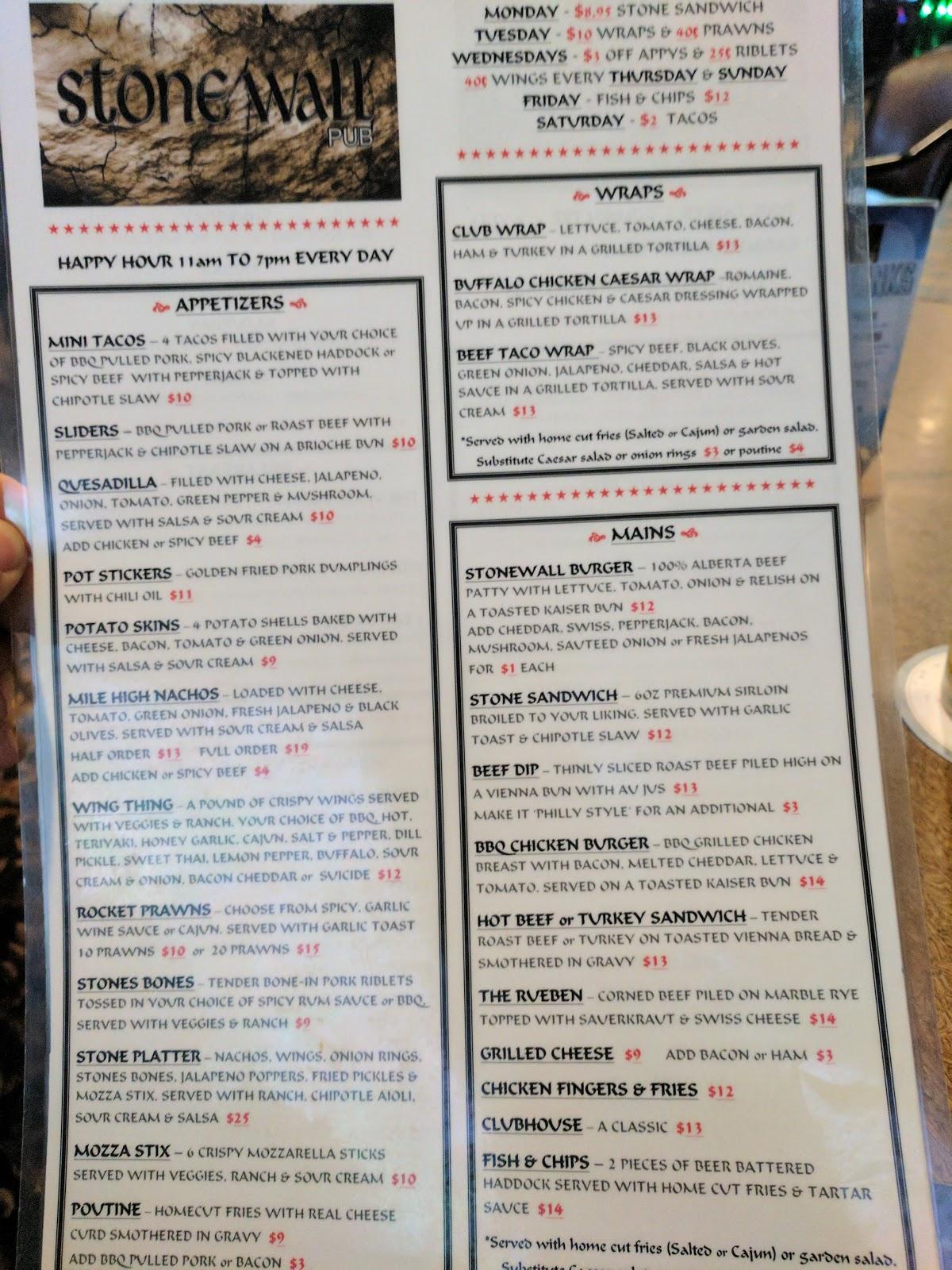 Menu at Stonewall Pub, Calgary