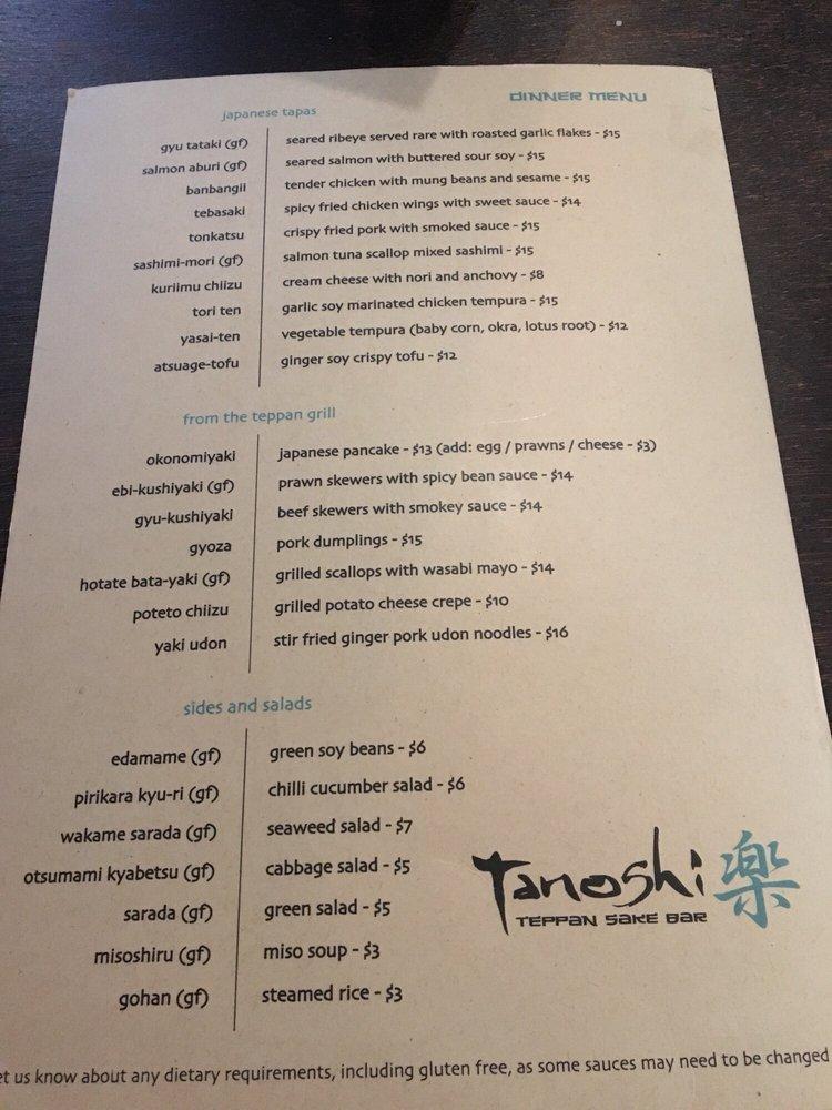 Carta del restaurante Tanoshi Cow Lane, Queenstown