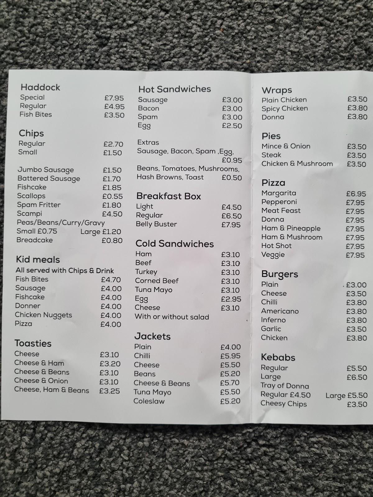 Menu at Tingley Bar Fisheries, Morley, The Chapel