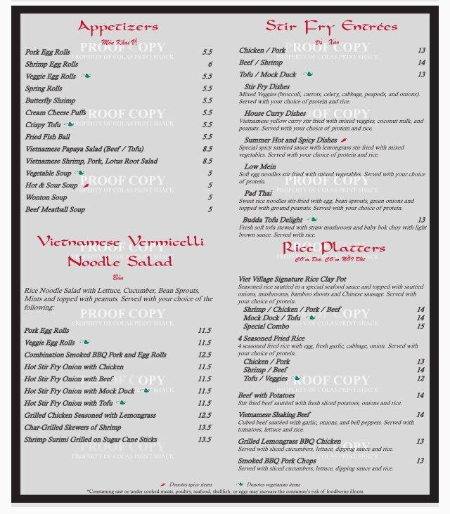 Menu at Viet Village restaurant, Fort Myers