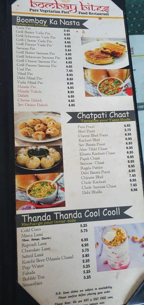 Menu at Bombay Bites fast food, Toronto