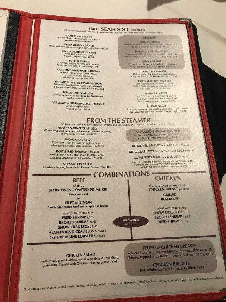 Menu at Cotton's Restaurant, Orange Beach