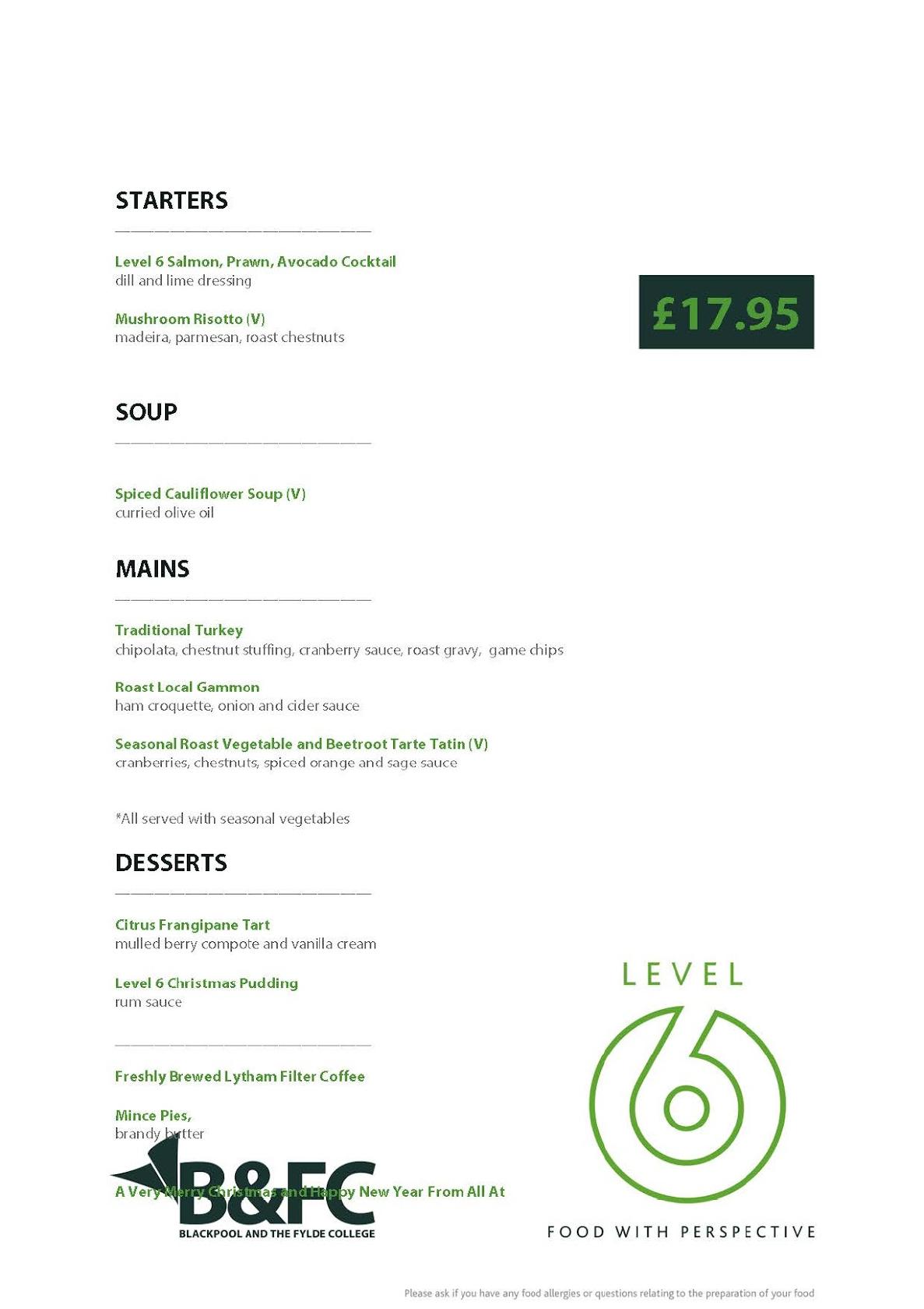 Menu at Level 6 Restaurant: Blackpool and The Fylde College, Blackpool