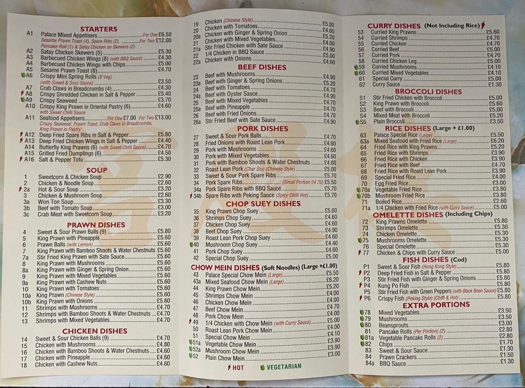 Menu at Palace fast food, London, 22 Gibbon Rd
