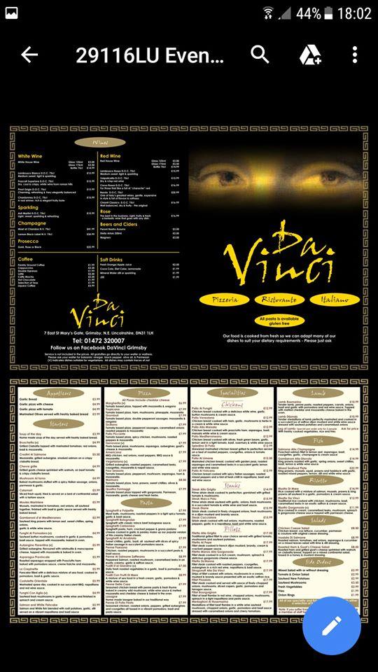 Menu at Da Vinci restaurant, Grimsby
