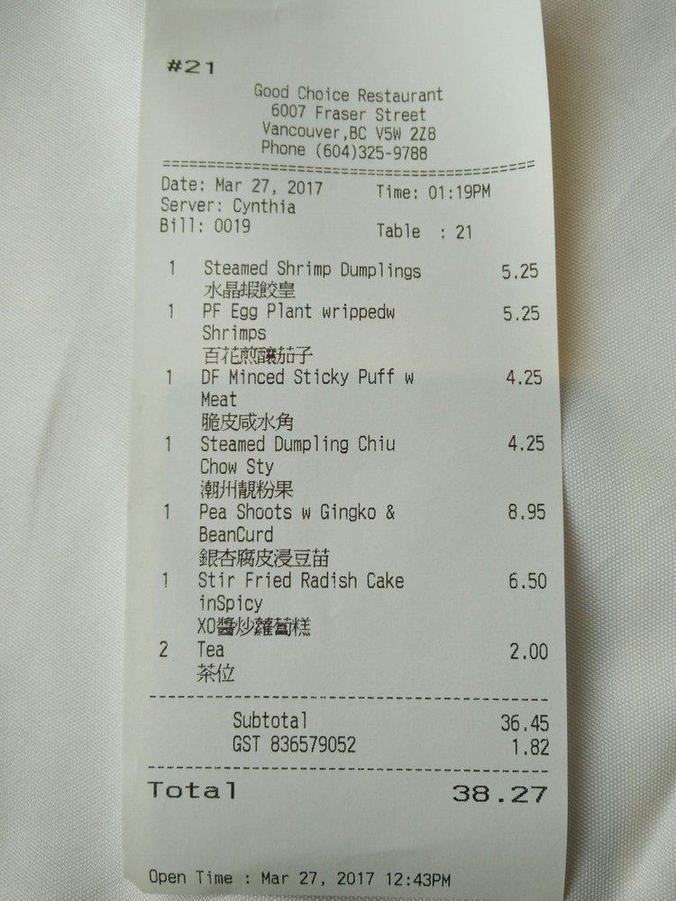 Menu at Good Choice Restaurant, Vancouver