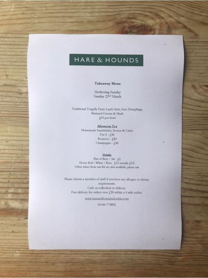 Menu at Hare & Hounds pub & bar, Cowbridge