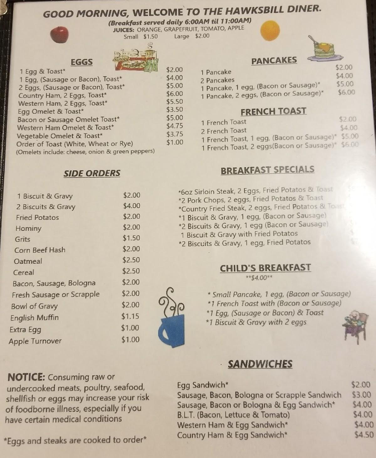 Menu at Hawksbill Diner restaurant, Stanley, E Main St