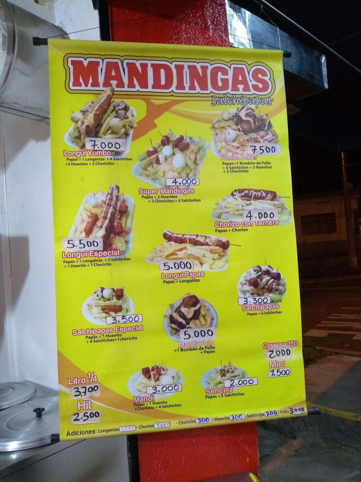 Carta del restaurante Mandingas Santa Lucía, Colombia