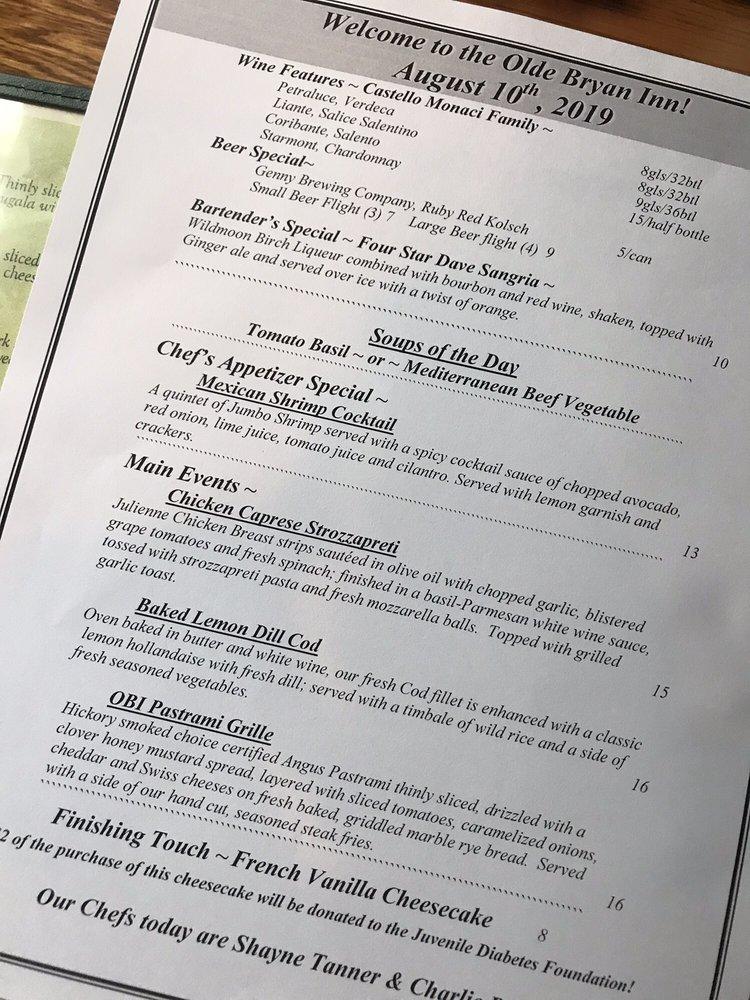 Menu at Olde Bryan Inn restaurant, Saratoga Springs