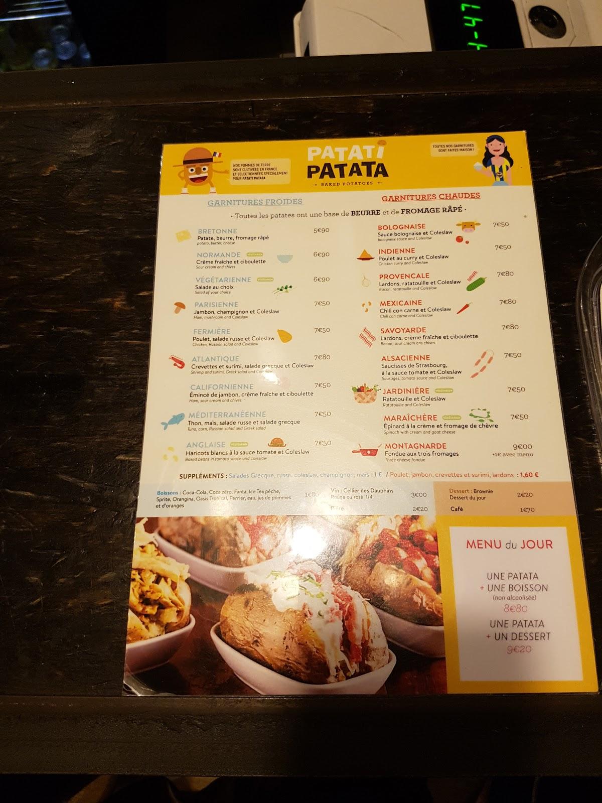 Menu au Patati Patata Paris fast food, Paris, 51 Rue de Lappe