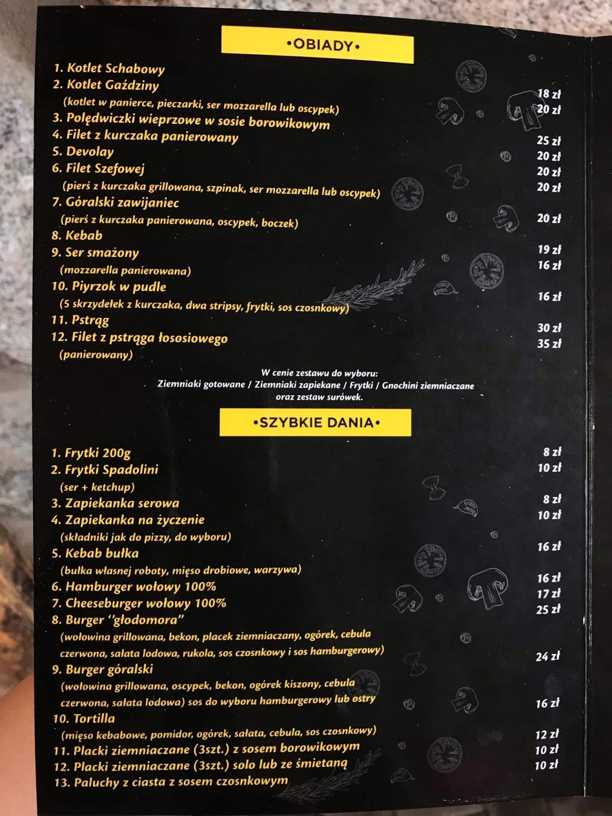 Carta de Pizzeria Margo Jurgów, Jurgów