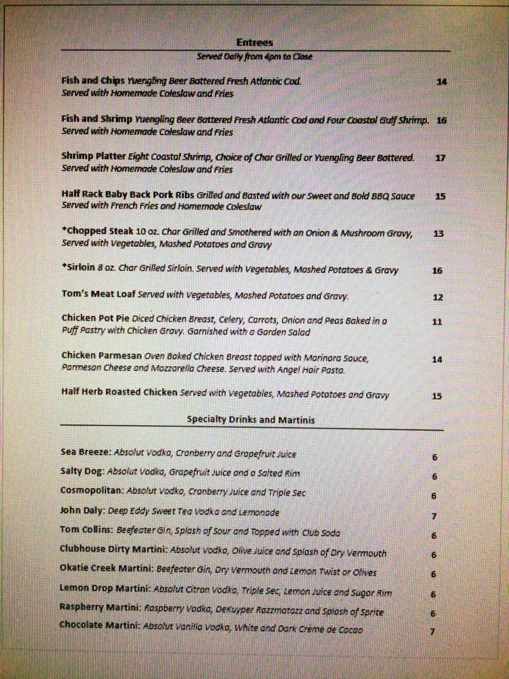 Menu at The Clubhouse at Okatie Creek, Hardeeville