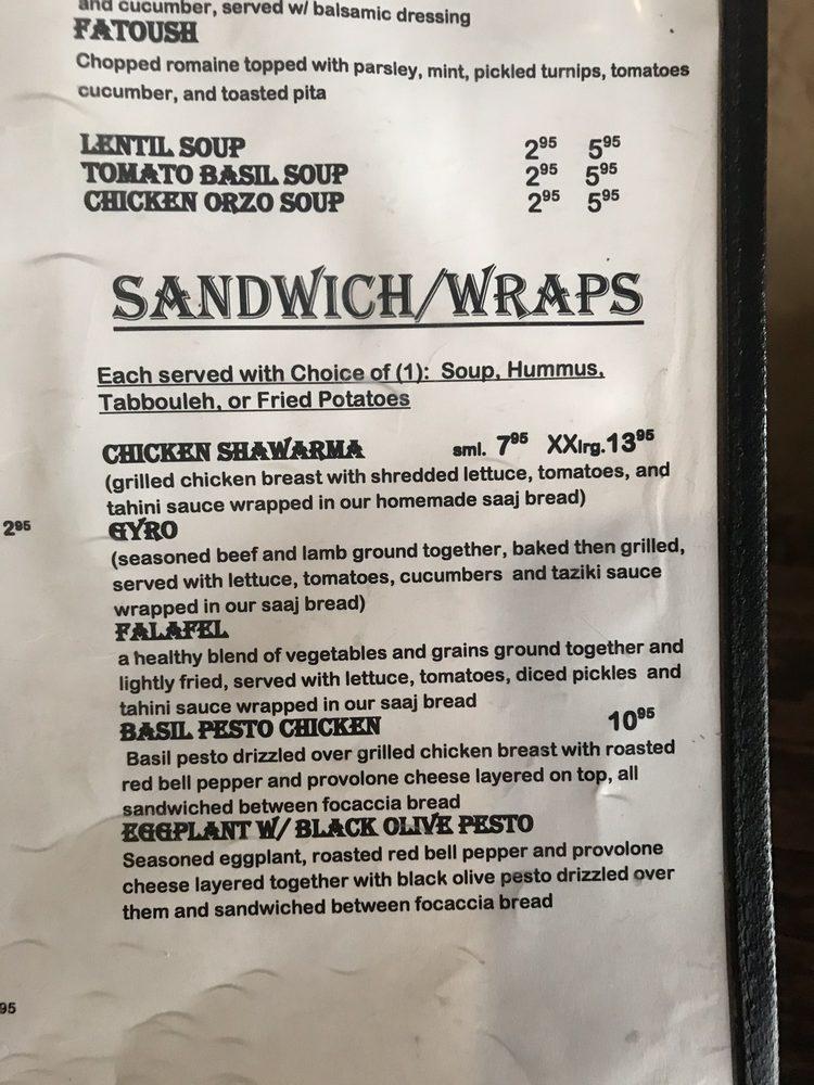 Menu at Farah's Mediterranean restaurant, El Paso
