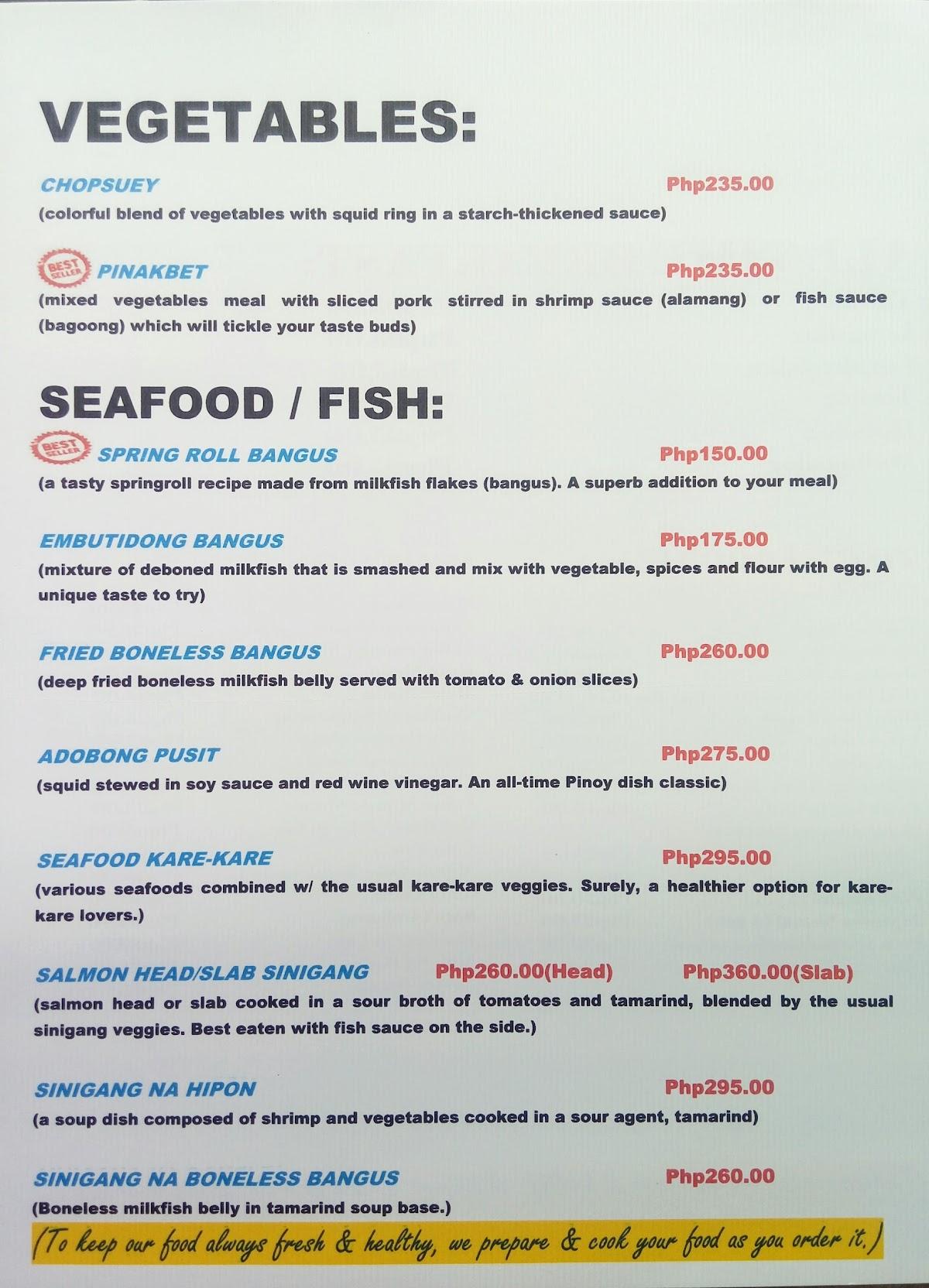 Menu at LC's Stop & Chow restaurant, Cabangan