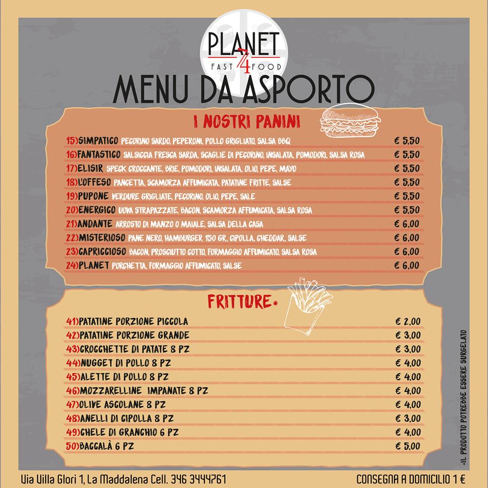 Menu at Planet 74 restaurant, La Maddalena