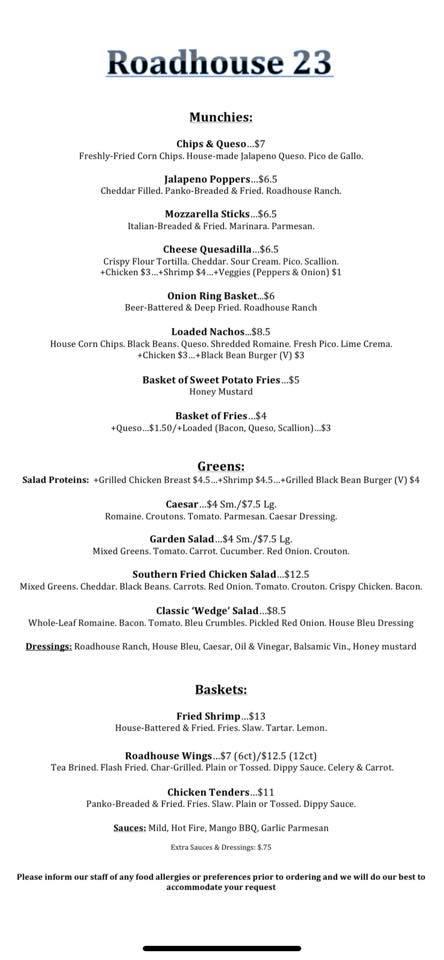 Menu at Roadhouse 23 pub & bar, USA