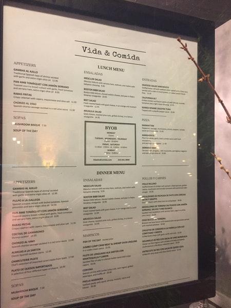 Menu at Vida & Comida restaurant, Ambler